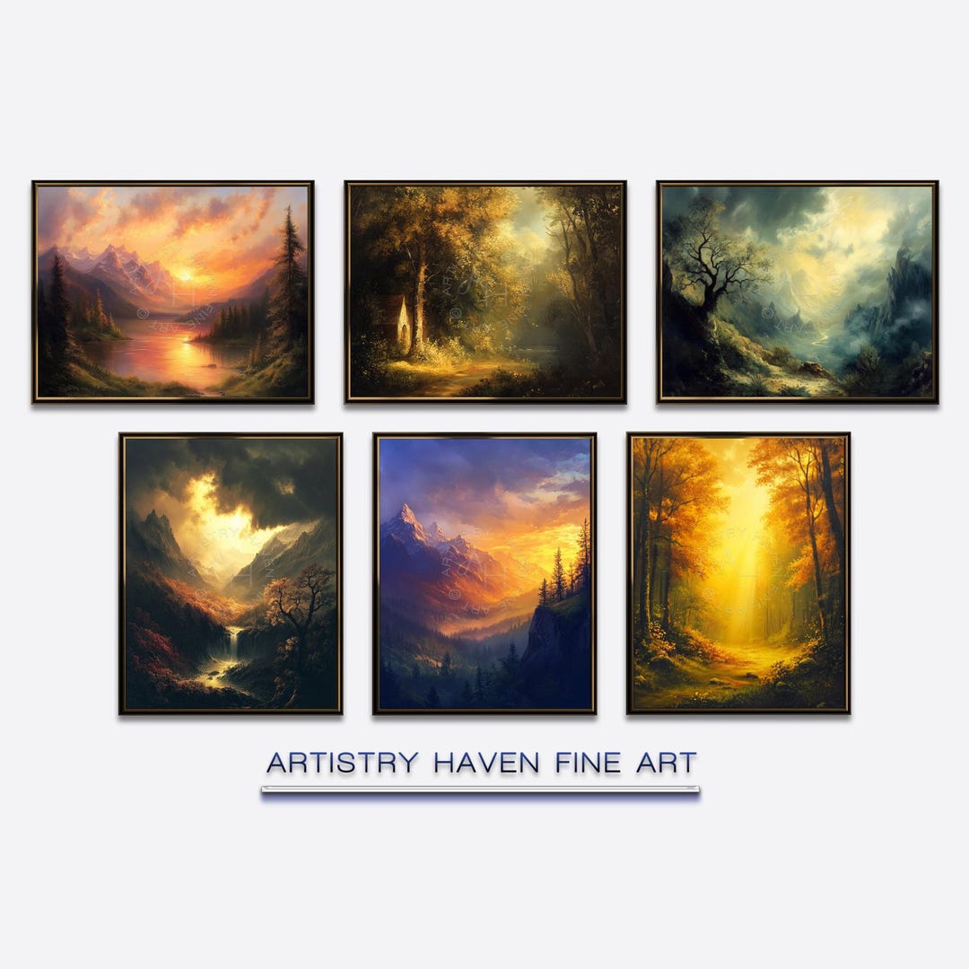 Golden Light Forest Pathway, Sunset Mountain Lake Print Set, Mystical ...