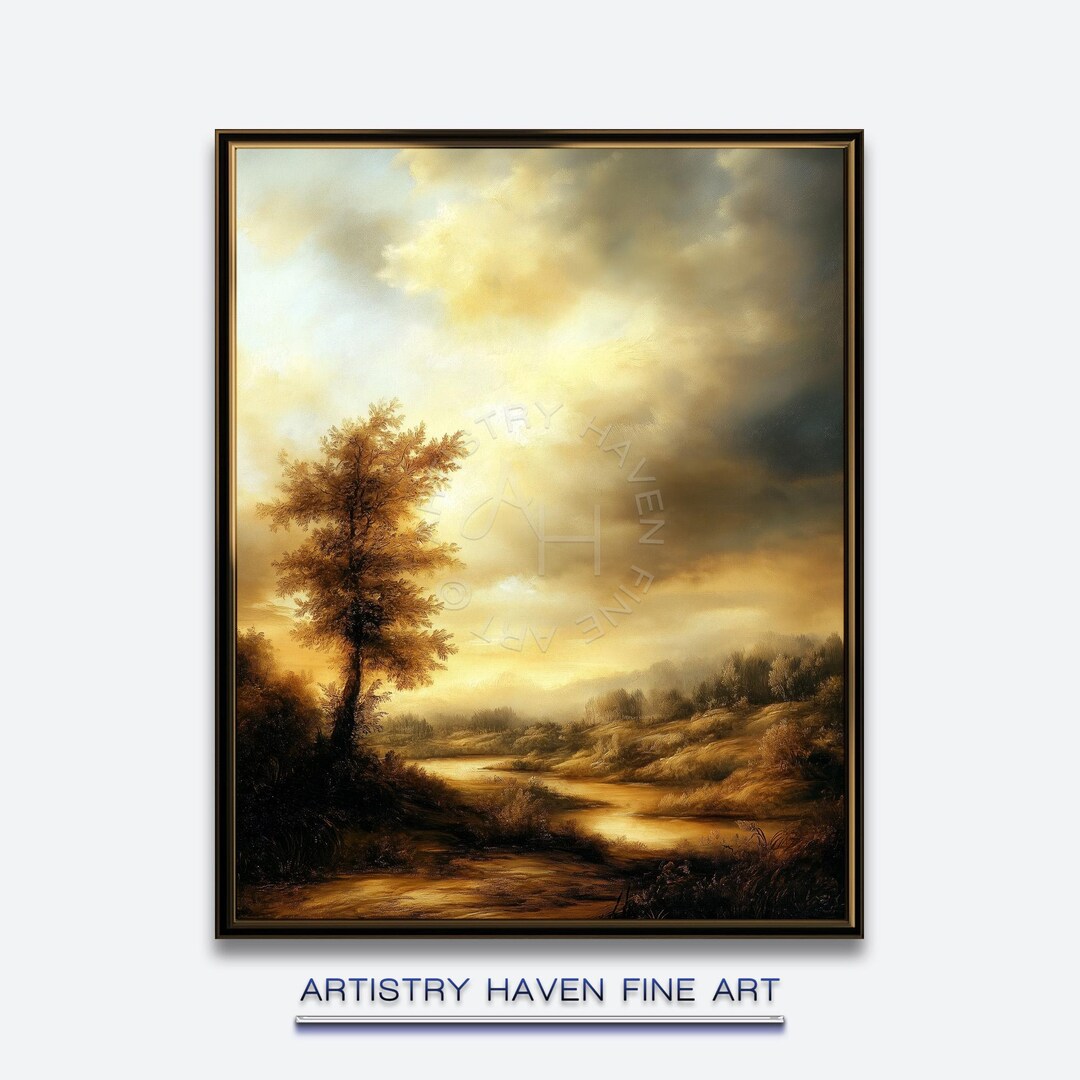 Autumn Sunset Meadow Landscape Art Print: Golden Twilight Riverbend ...
