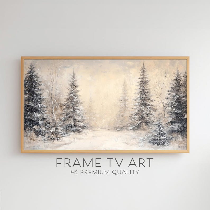 Winter Pine Forest Frame TV Art, Rustic Holiday Landscape (digital ...