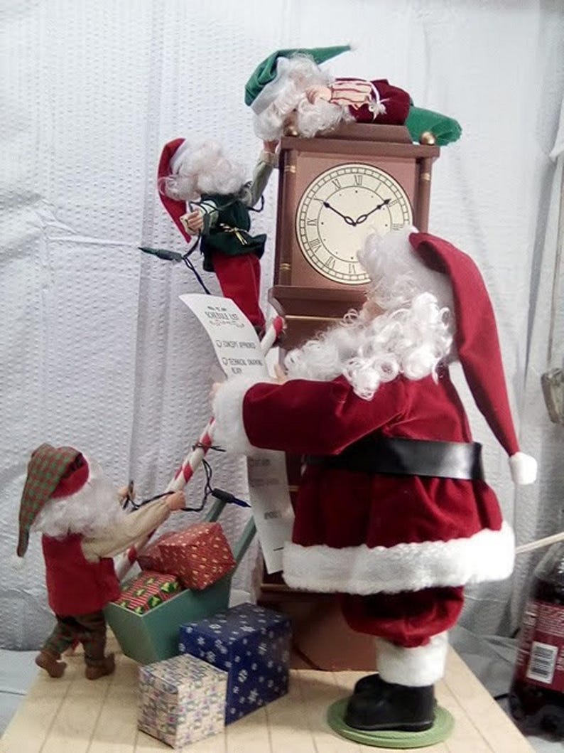Rare Vtg Holiday Creations Animated Santa ,elves Antique Clock Musical ...