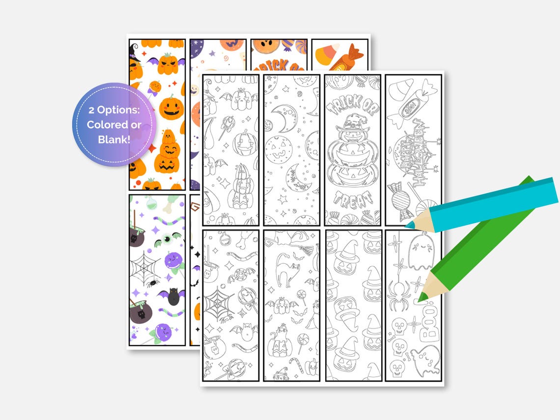 Cute Printable Halloween Bookmarks, Set of 8 Colored and 8 Blank ...