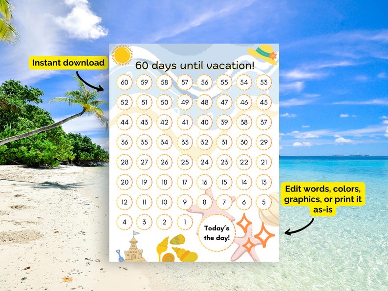 Plantilla imprimible de cuenta regresiva para vacaciones de 180, 100 ...