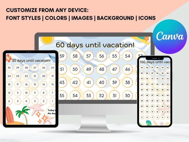 Plantilla imprimible de cuenta regresiva para vacaciones de 180, 100 ...
