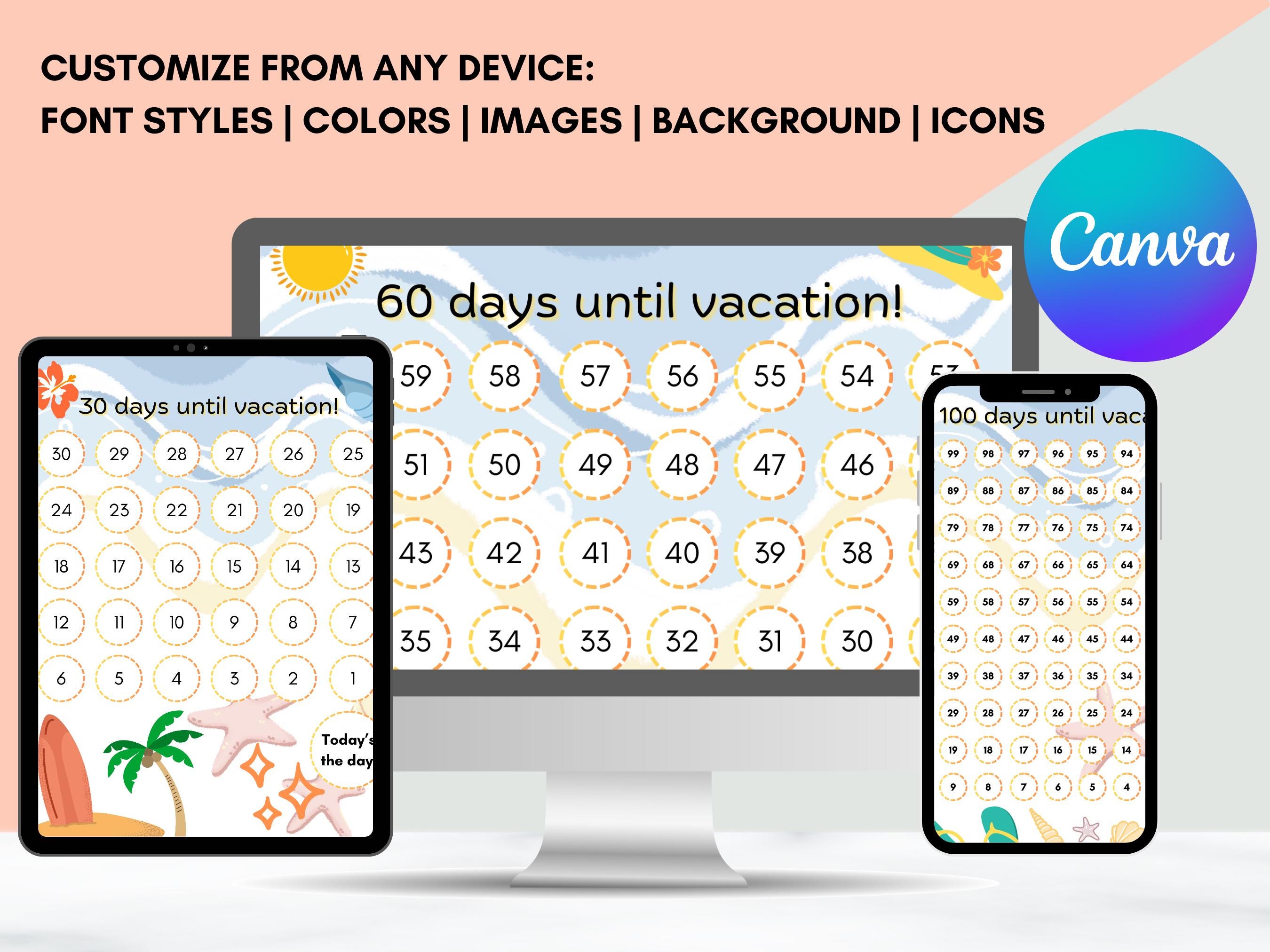 180, 100, 60, 30 Day Vacation Countdown Printable Template | Family ...