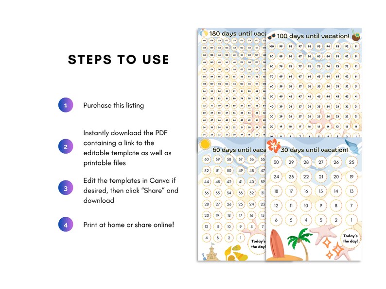 180, 100, 60, 30 Day Vacation Countdown Printable Template | Family ...