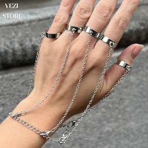 Chain Bracelet Ring Adjustable Chain with Rings Gothic Ring Charm Set Wrist Rings Punk Chain Ring Y2K Ring Biker Ring Goth Ring