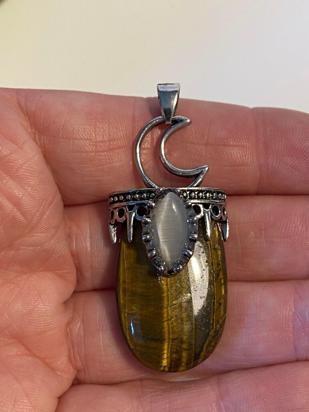 Luna Moon Goddess Crowned Tigers Eye Pendant Talisman Pendulum Set With ...