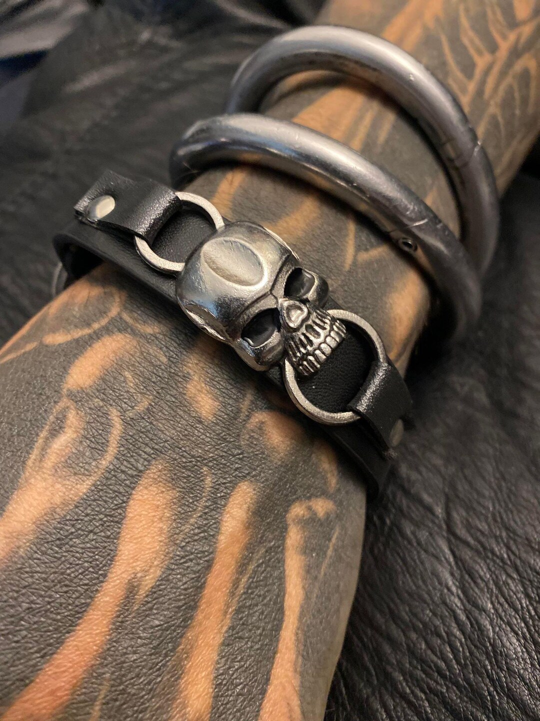 Large Single Biker Chrome Skull Goth Punk Rocker Black Leather Buckle ...