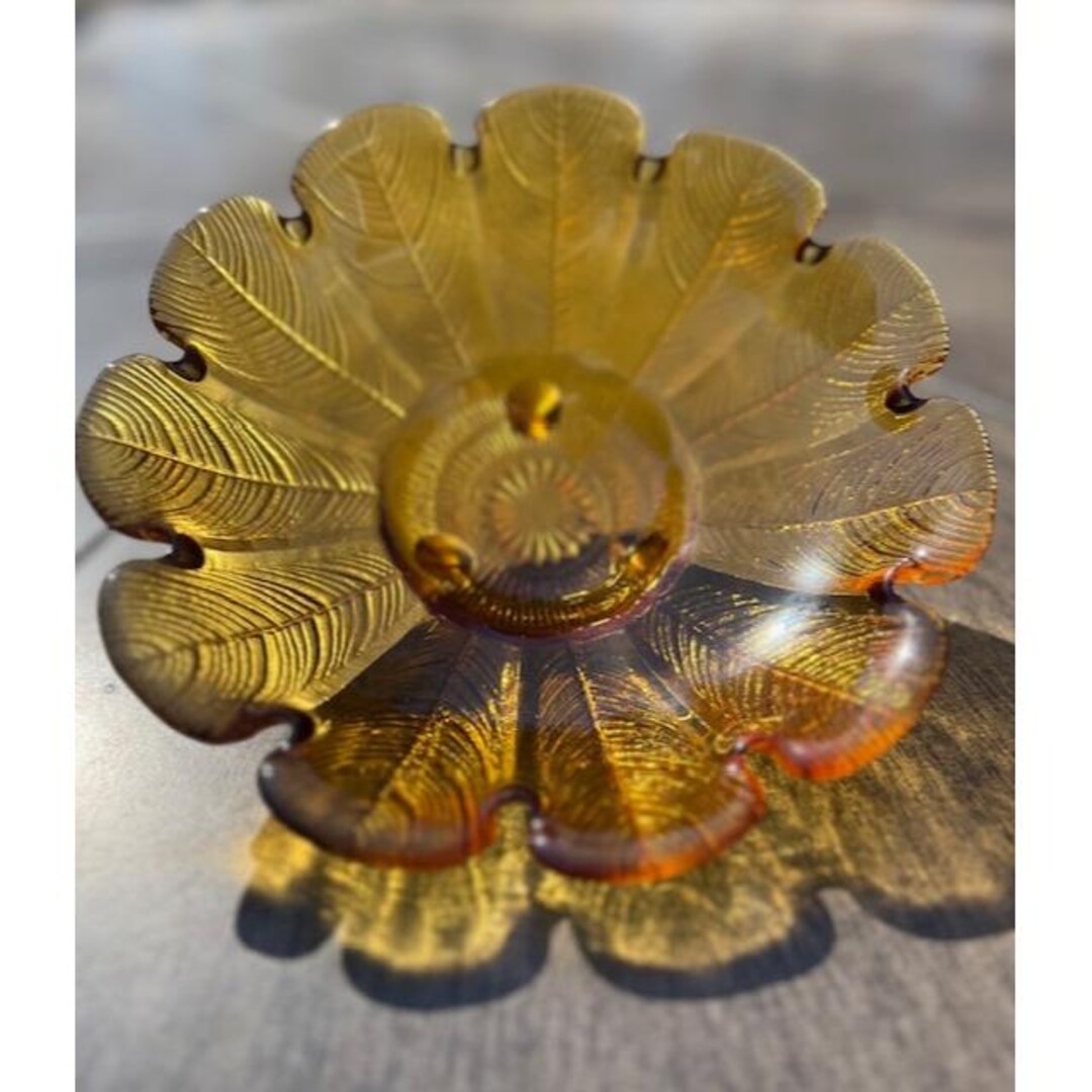 Vintage Amber Glass Footed Bowls: MCM Feather Pattern Candy Dish, Set ...