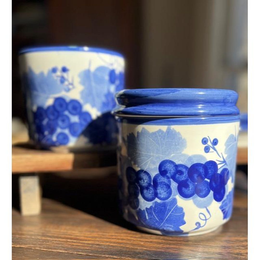 Mid-century Kitchen Canister Set Blue Leaves Grapes Design Vintage ...