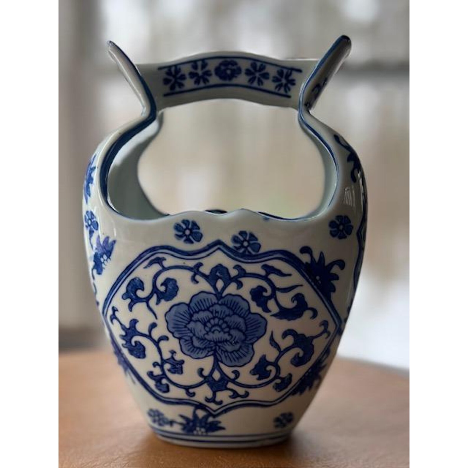 Vintage Blue White Handled Vase Bucket Basket Chinoiserie Asian ...