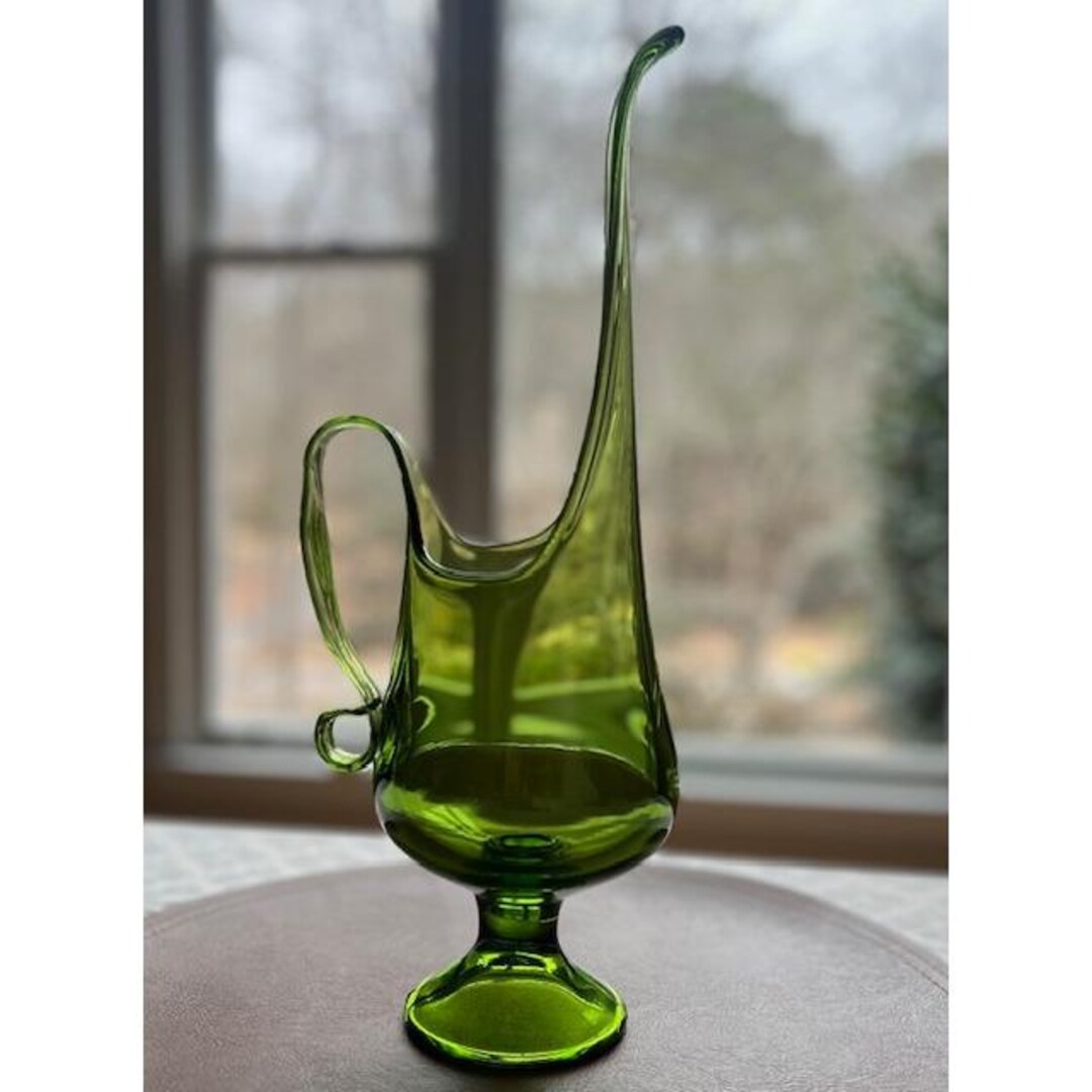 LE Smith Avocado Green Glass Pitcher Retro MCM MOD Vintage Footed ...