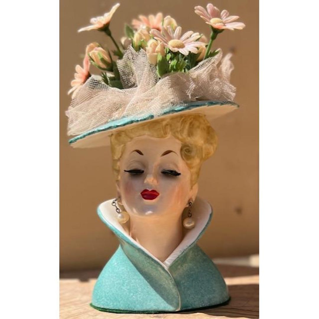 Vintage Napco Lady Head Vase C3815C Rare 1959 Floral Hat & High Collar ...