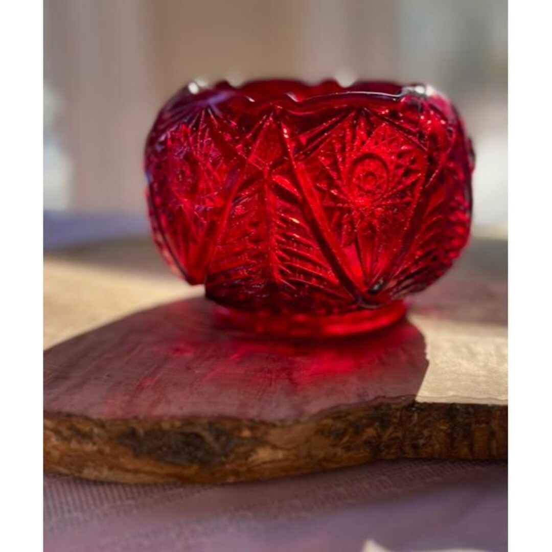 Vintage Red Pressed Glass Candle Holder Bowl Intricate Pattern Candle ...