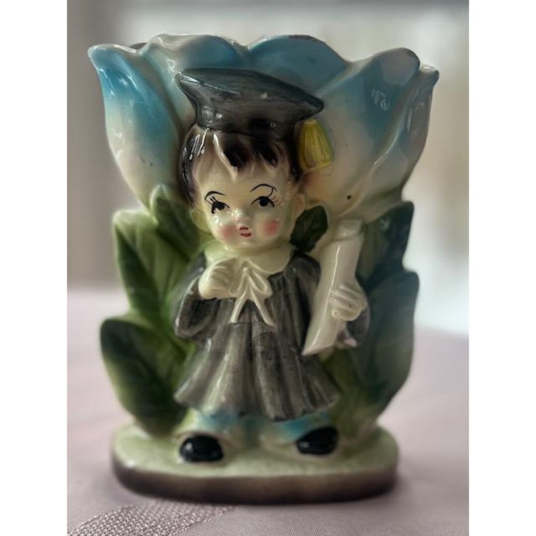 Vintage Vase Graduation Boy Blue Figurine Planter Diploma Cap Gown ...