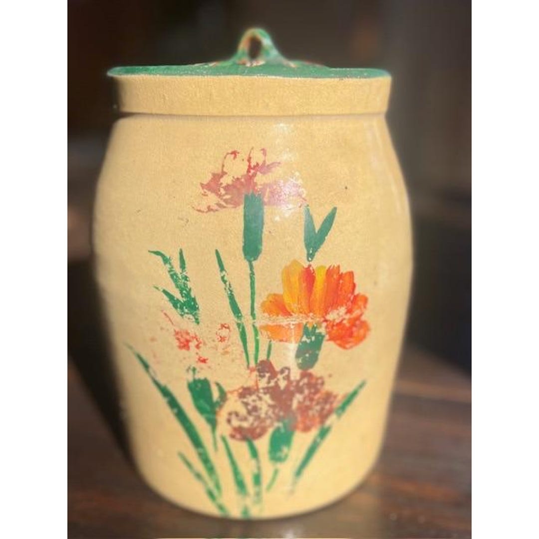 Rare Antique Stoneware Pottery Container With Flower Painting Lidded ...