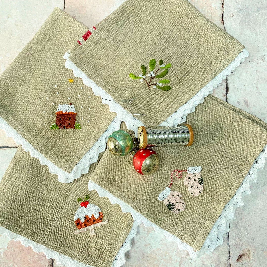 Pretty Hand Embroidered Christmas Napkins Pdf Pattern Instant Download ...