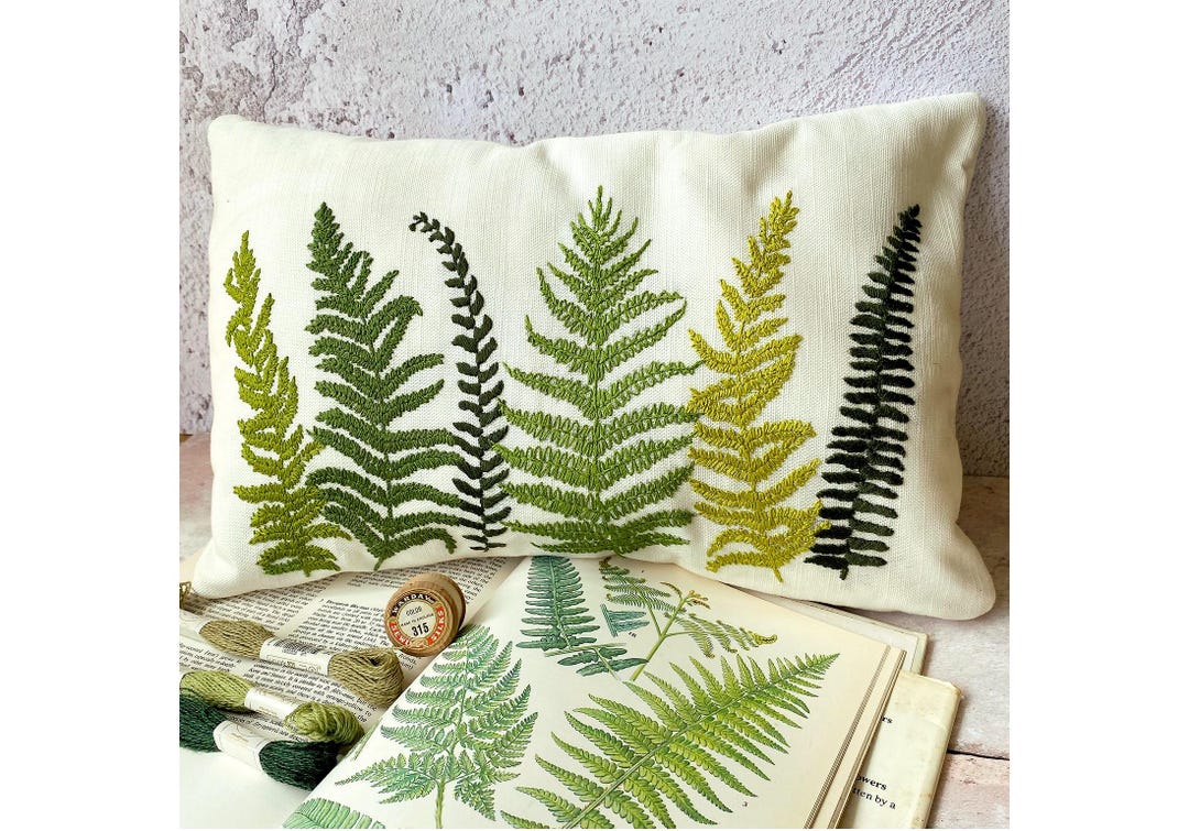 Fernery Cushion Pillow Cover Hand Embroidery Pattern Relaxing Mindful ...