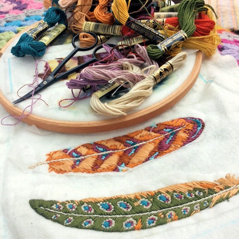 Four Painterly Feathers Hand Embroidery Pattern Pdf Instant - Etsy