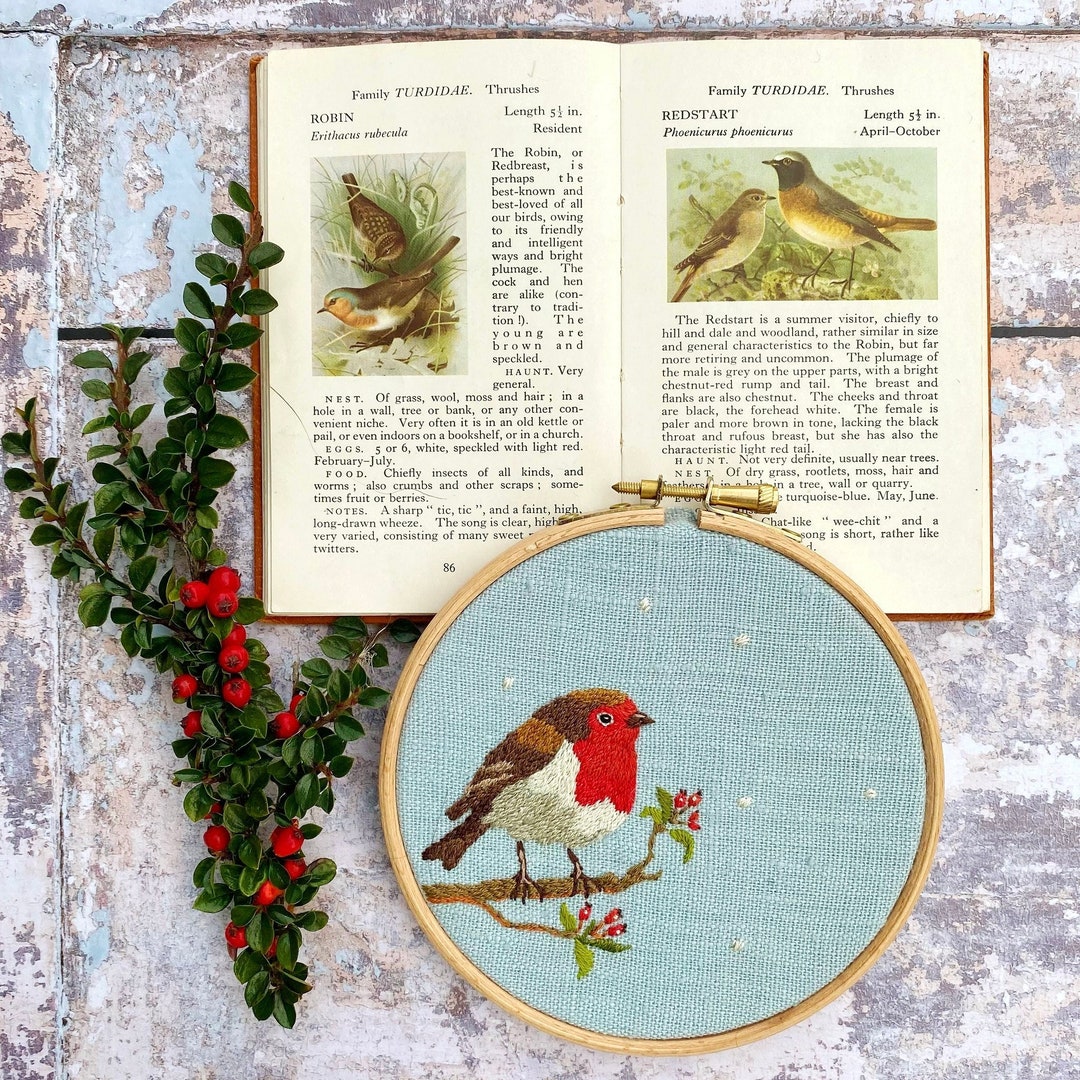 Robin and Berries Hand Embroidery Hoop Art Pattern Winter and Christmas ...