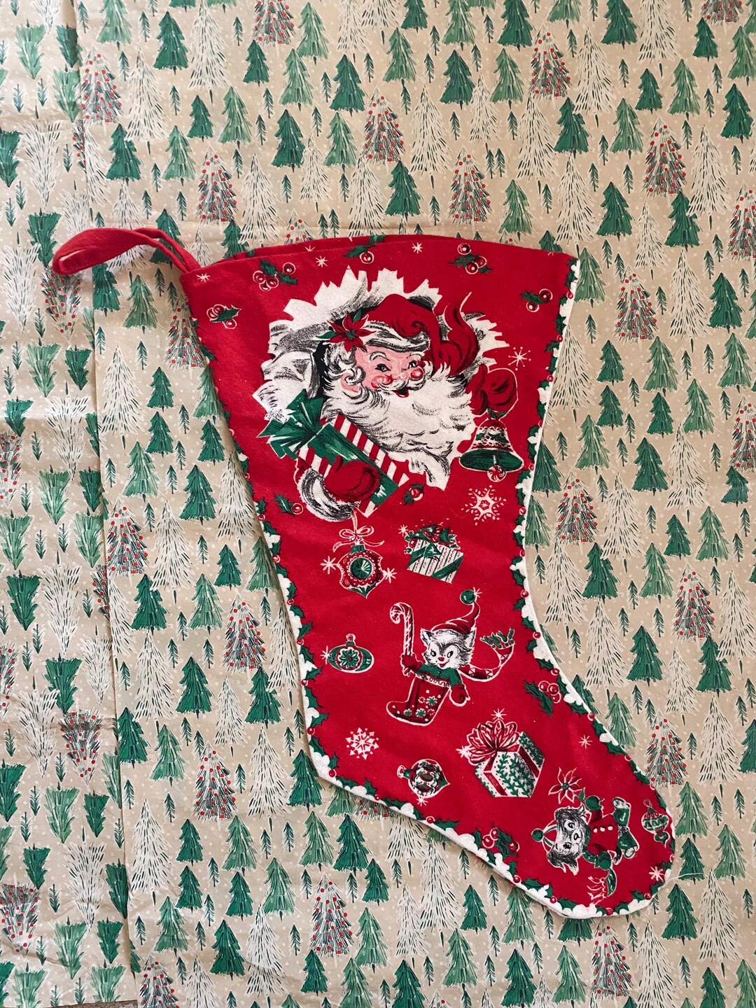 Retro 1950s Red Felt Christmas Stocking With Santa and Reindeer - Etsy