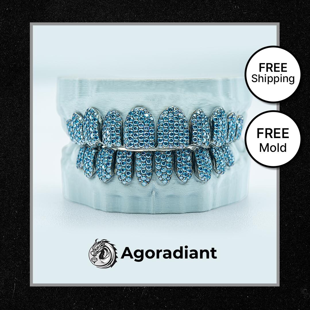 Diamond Grillz | Custom Blue VVS Moissanite Dental Grillz | Full Ice ...