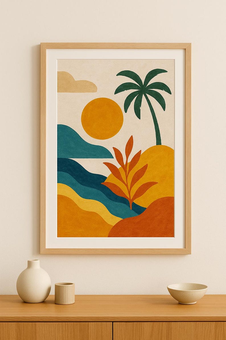Mid Century Modern Tropical Wall Art Print – Abstract Palm Tree & Sun ...