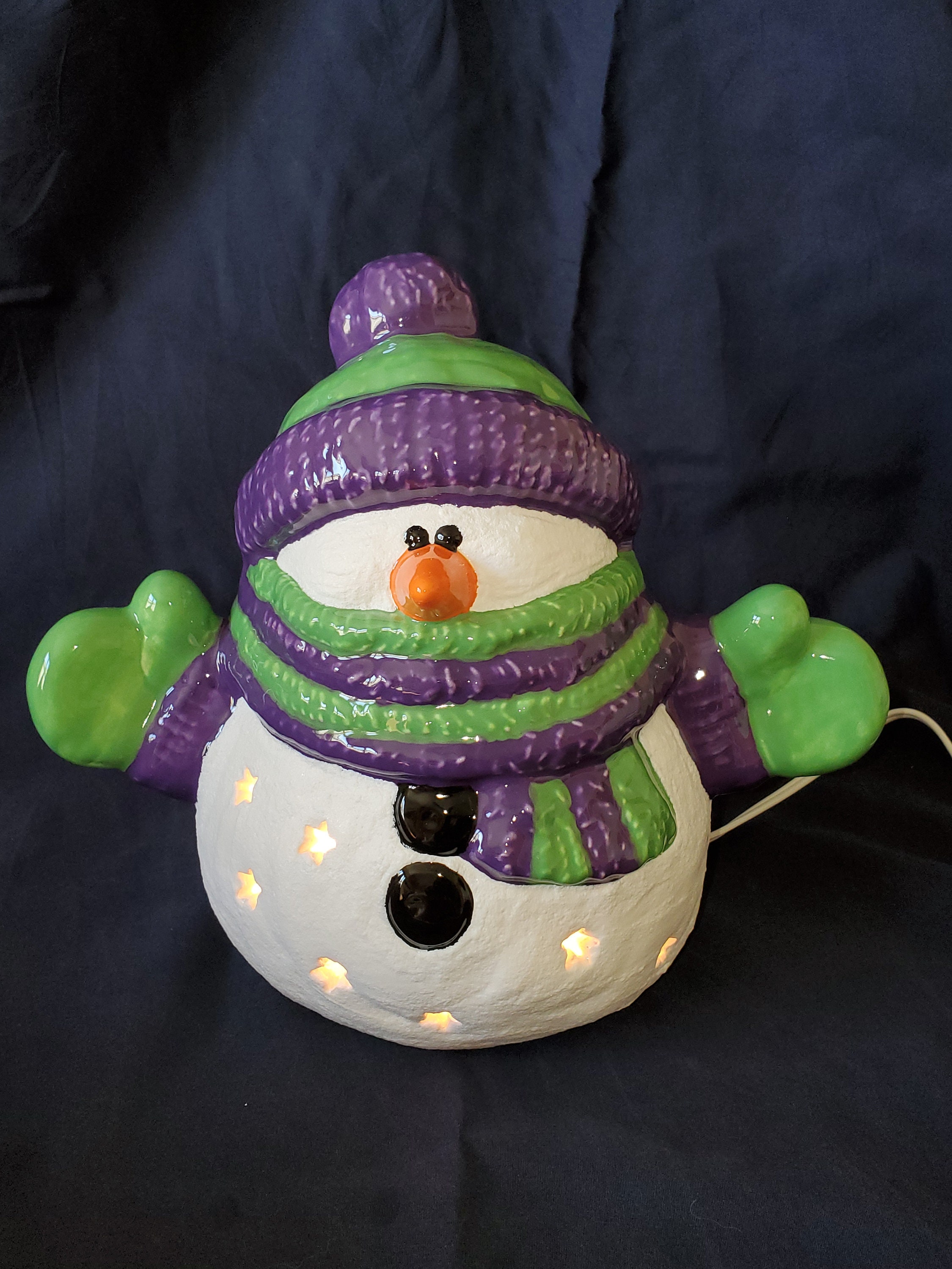 Hand Painted Lighted Ceramic Snowman - Etsy