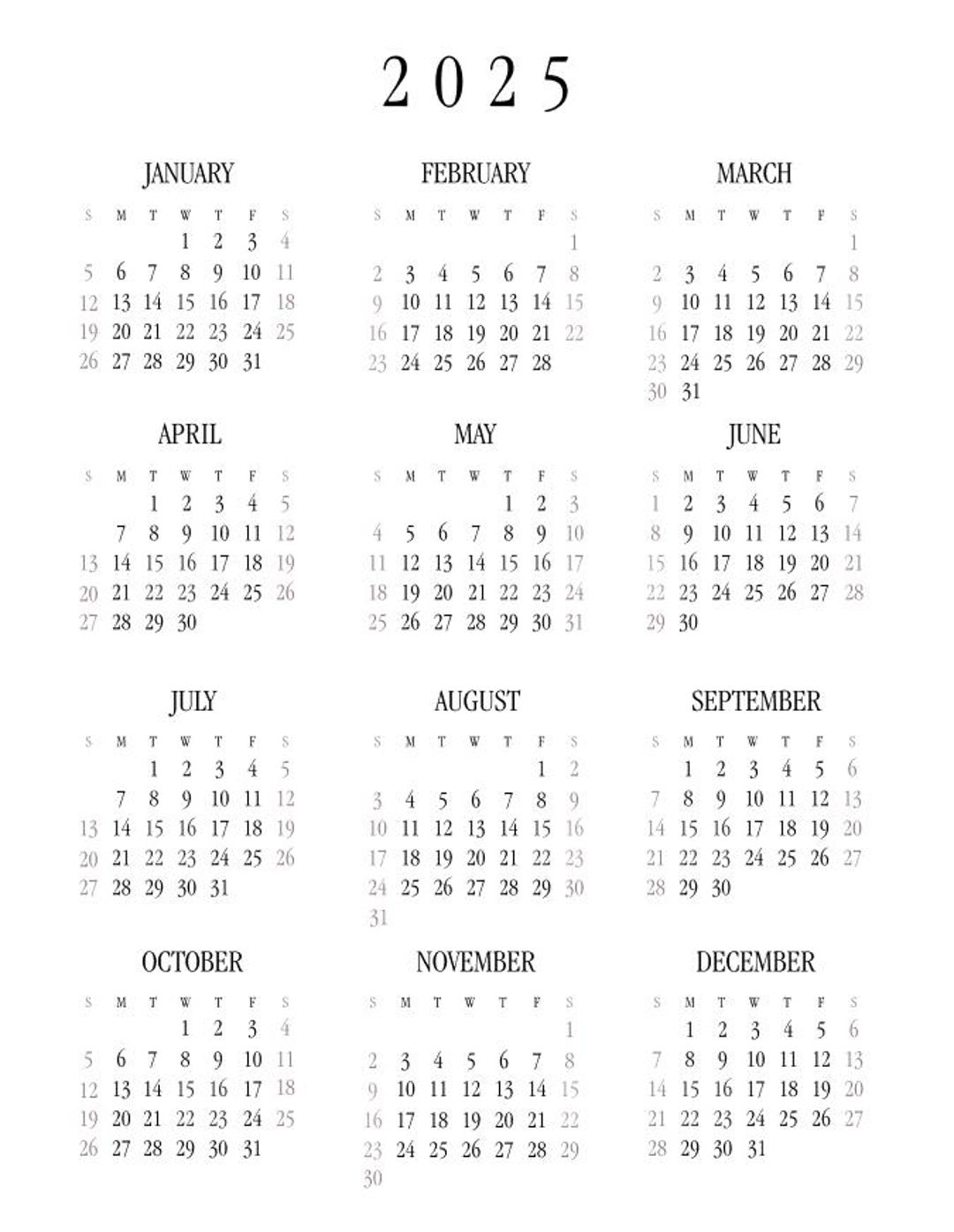 2025 Printable Minimalist Calendar - Year Overview - PDF Download - Etsy