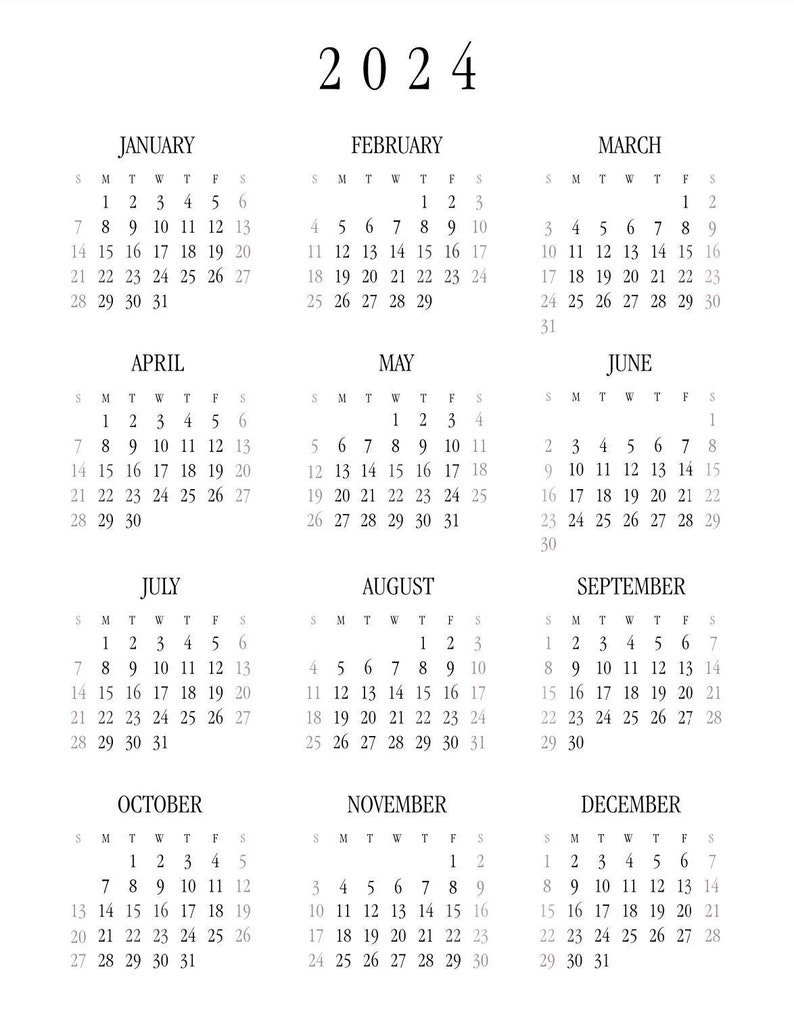 2024 Printable Minimalist Calendar Year Overview PDF Download - Etsy