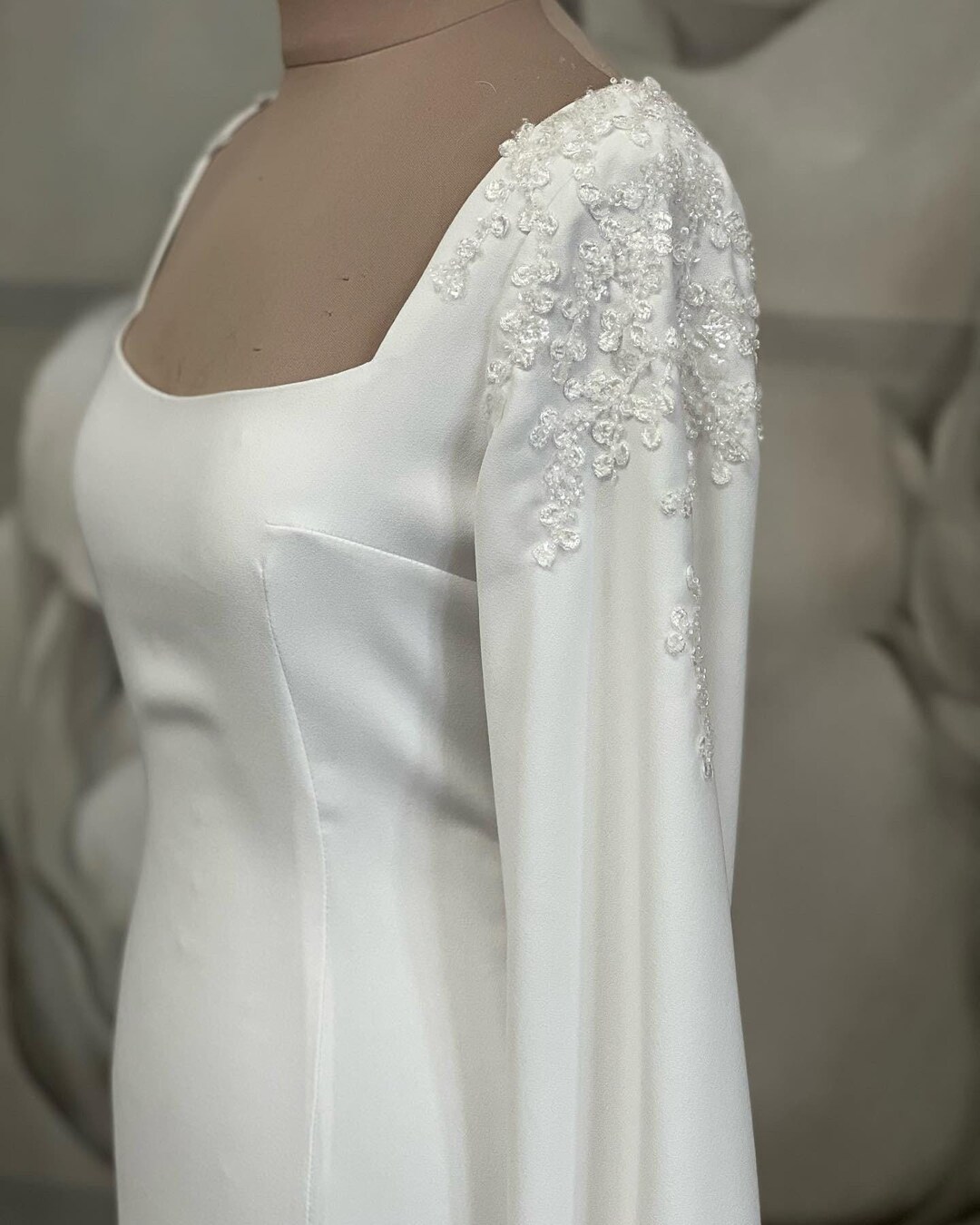 Crepe Mermaid Wedding Dress: Long Sleeves, Floral Appliqué, Open Back - Etsy