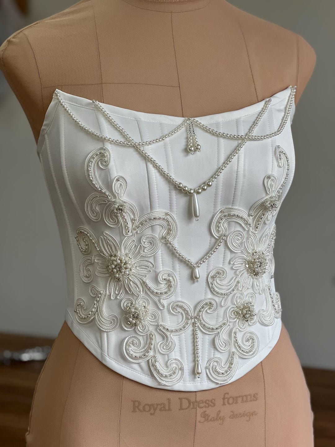 Handmade Bridal Corset Top: Pearl & Lace Appliqué, Strapless Wedding ...