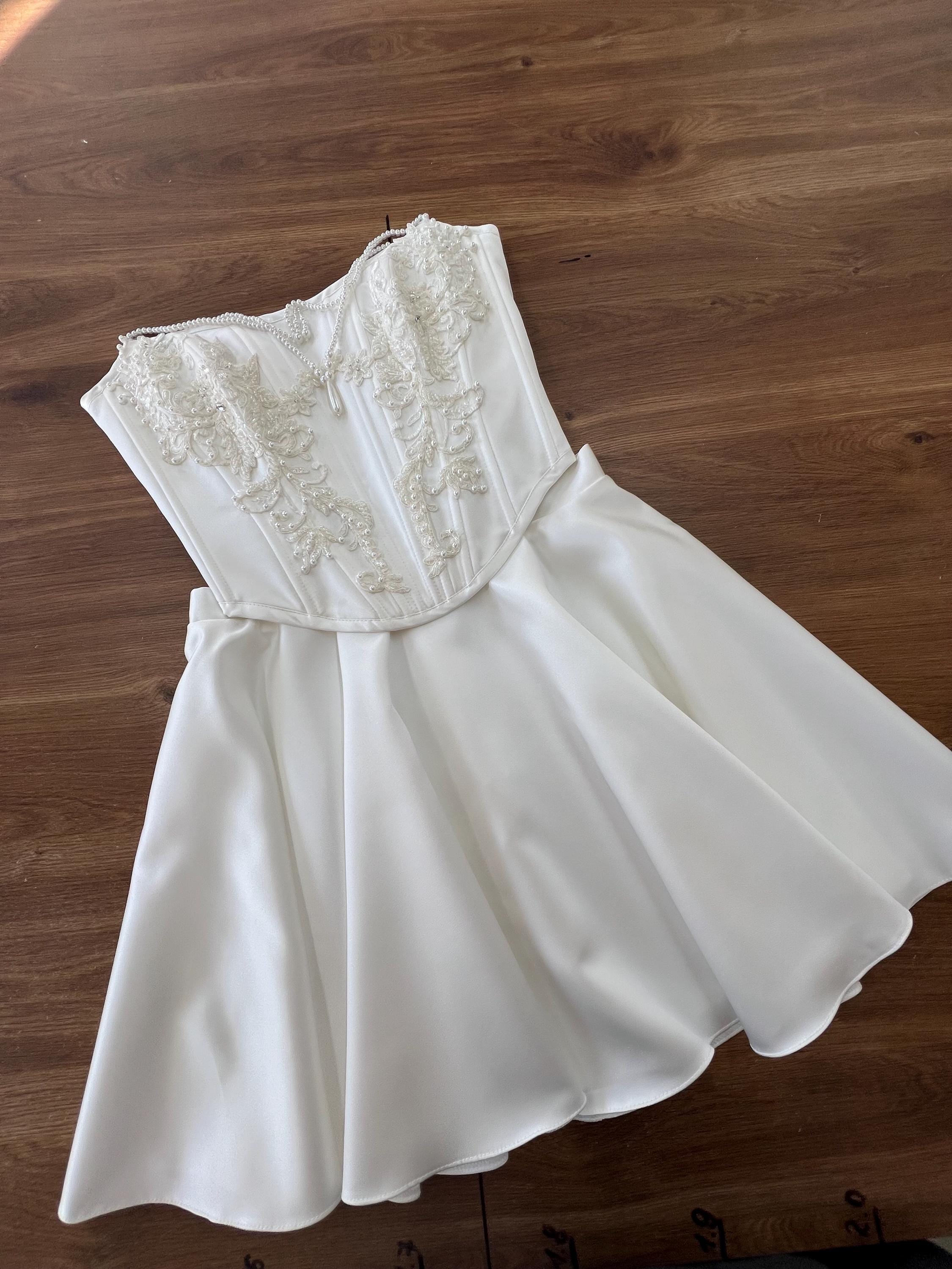Corset Mini Wedding Dress – Satin Bridal Set With Lace & Pearls | Short ...