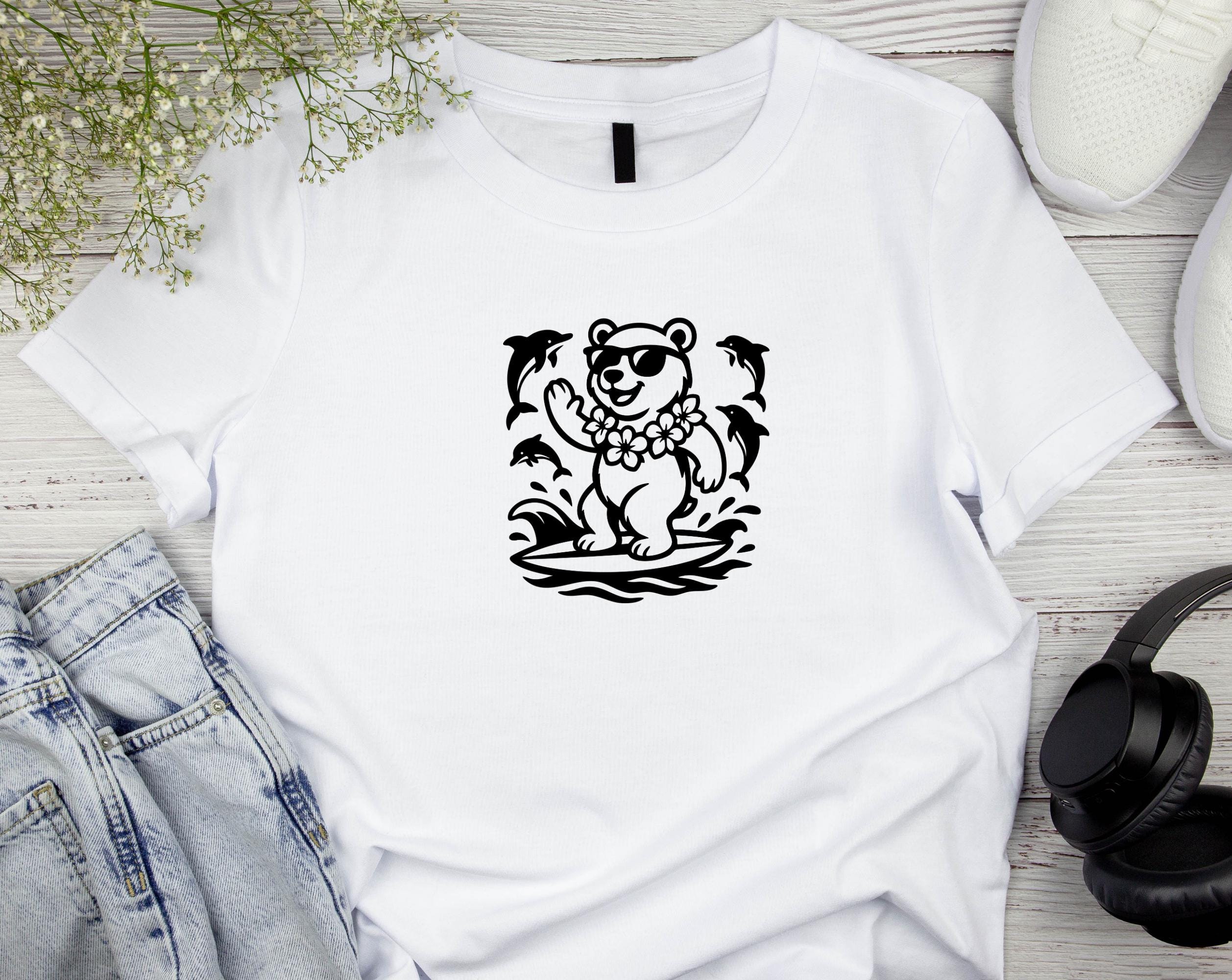 Surfing Bear SVG PNG | Cool Bear With Sunglasses and Dolphins | Summer ...