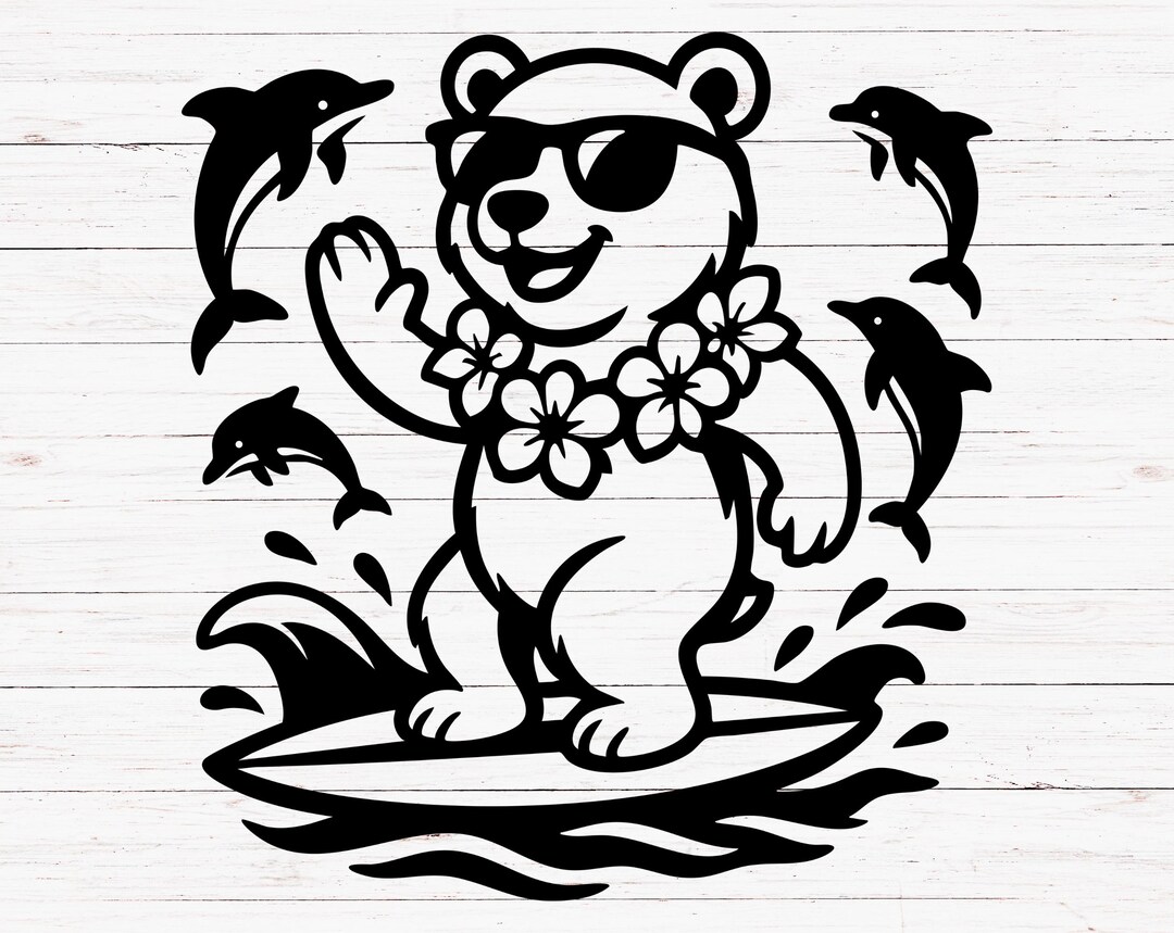 Surfing Bear SVG PNG | Cool Bear With Sunglasses and Dolphins | Summer ...