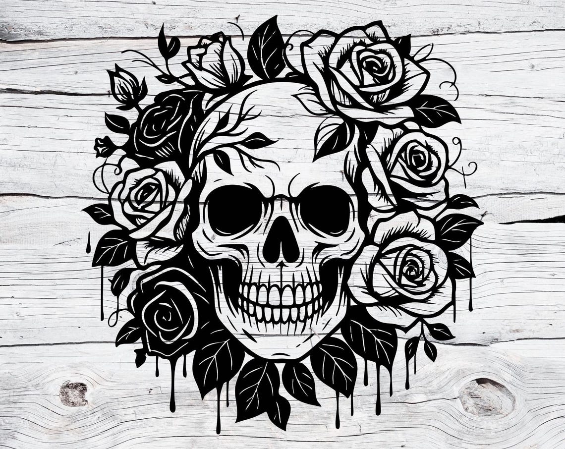 Gothic Floral Skull SVG PNG, Black and White Skull With Roses, Tattoo ...