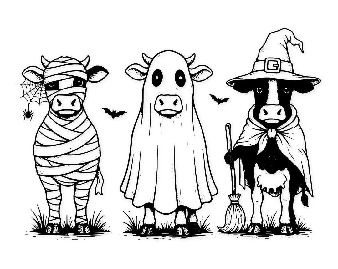 Spooky Cow Trio Svg Png | Halloween Farm Animal Design | Cute Ghost Bat ...