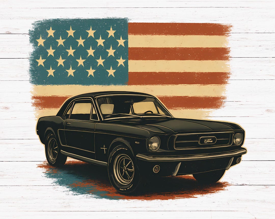 Classic Mustang PNG With Grunge USA Flag Background | Vintage Muscle ...