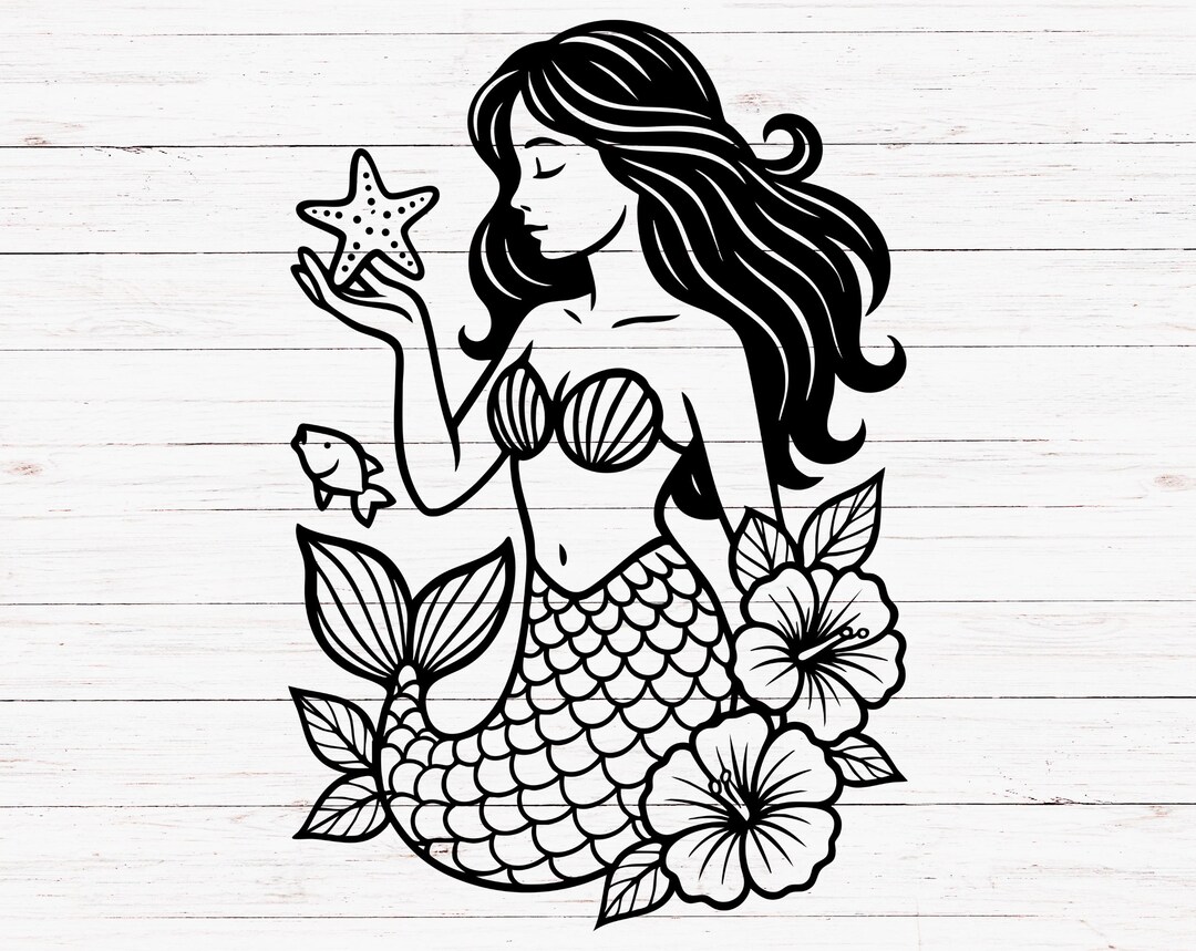 Mermaid SVG PNG | Beautiful Mermaid Line Art With Starfish and Hibiscus ...
