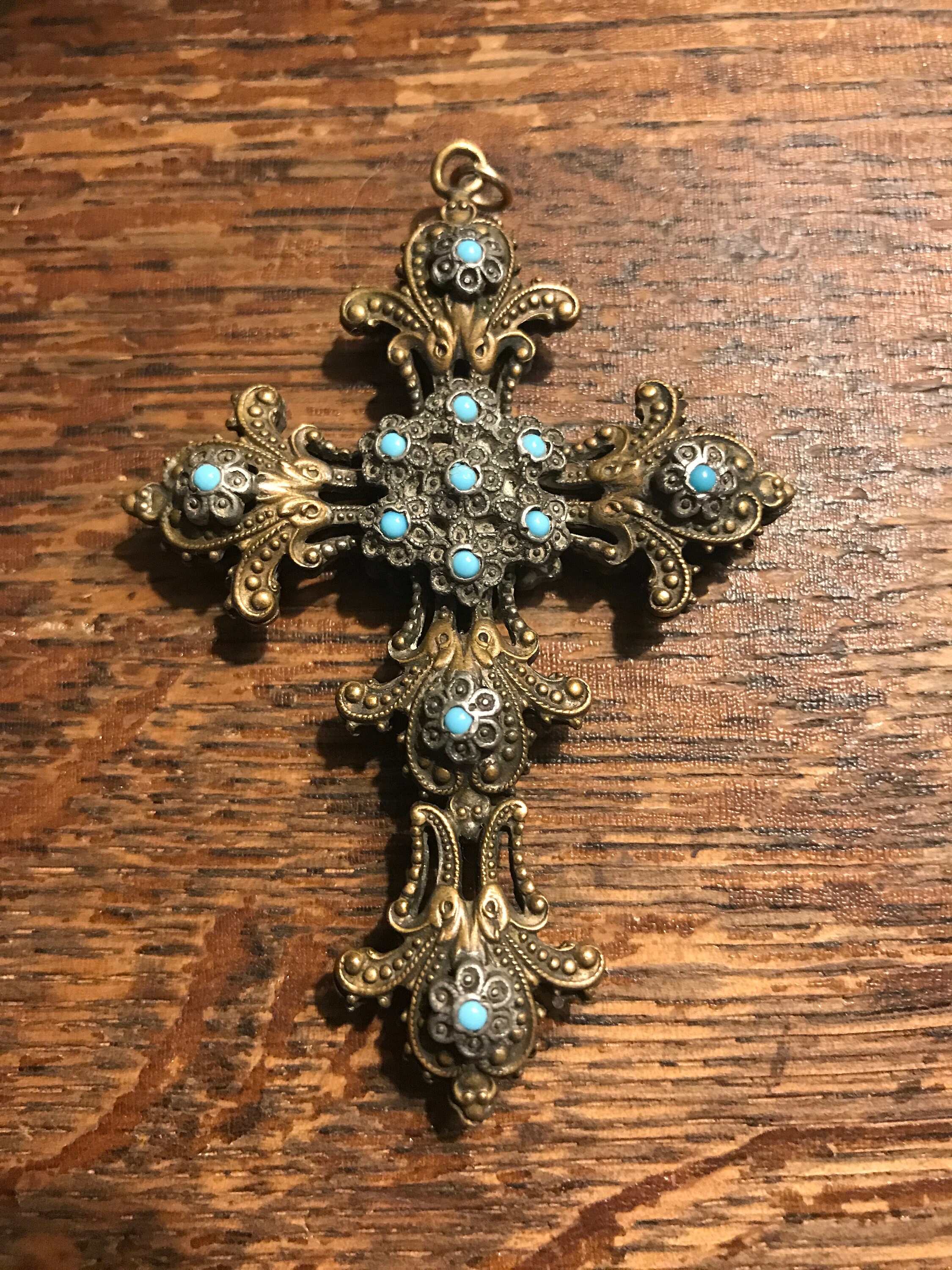 Antique Victorian Large Filigree Cross Marcasite and Turquoise Stone ...