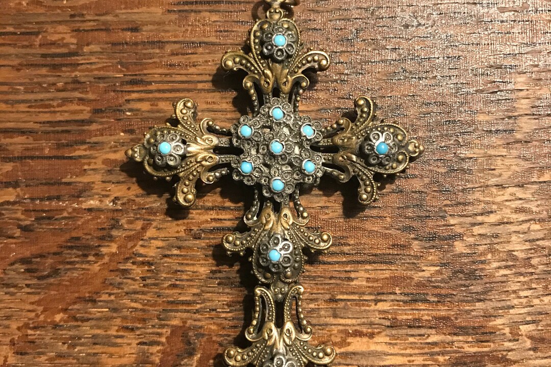Antique Victorian Large Filigree Cross Marcasite and Turquoise Stone ...