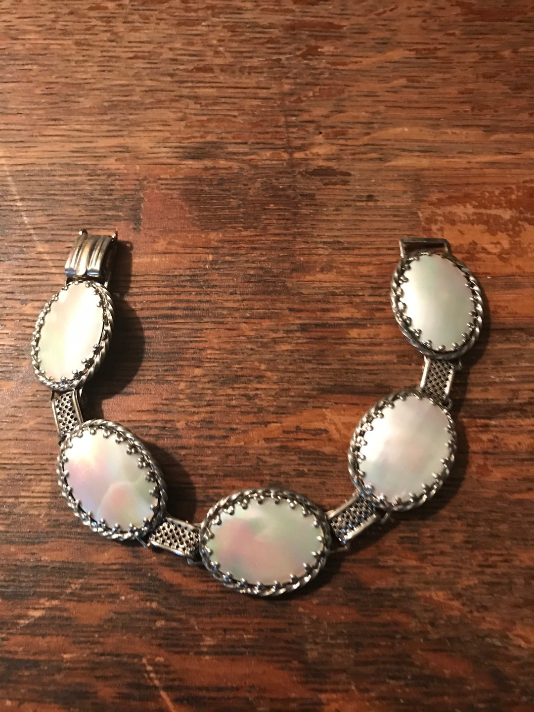Vintage Ornate Mother of Pearl Link Silver Plate Bracelet - Etsy