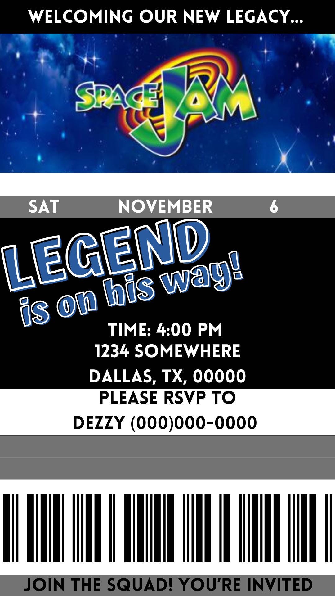 Space Jam Themed Invitation, Baby Shower Invitation, Birthday Party ...