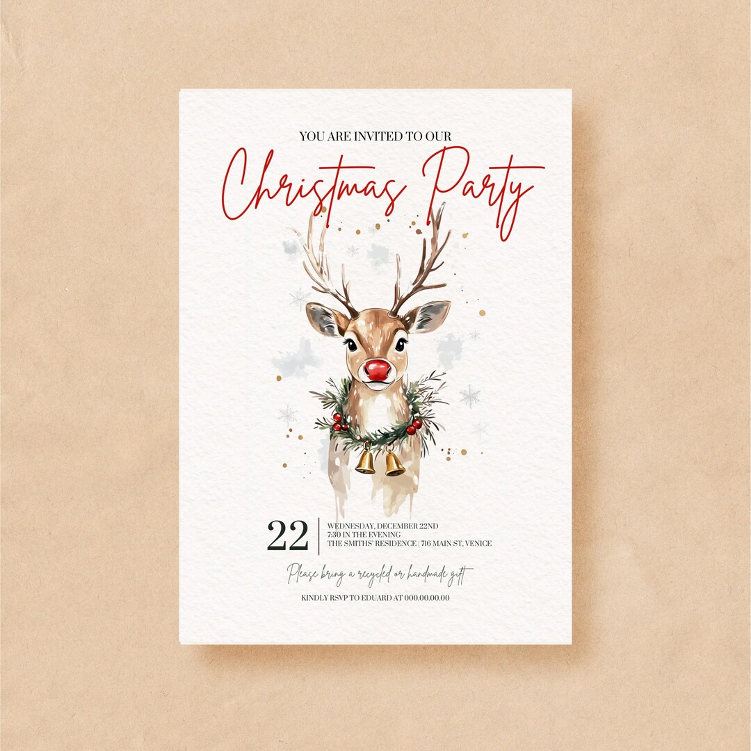 Tarjeta de invitación a fiesta de Navidad editable: diseño de reno en ...