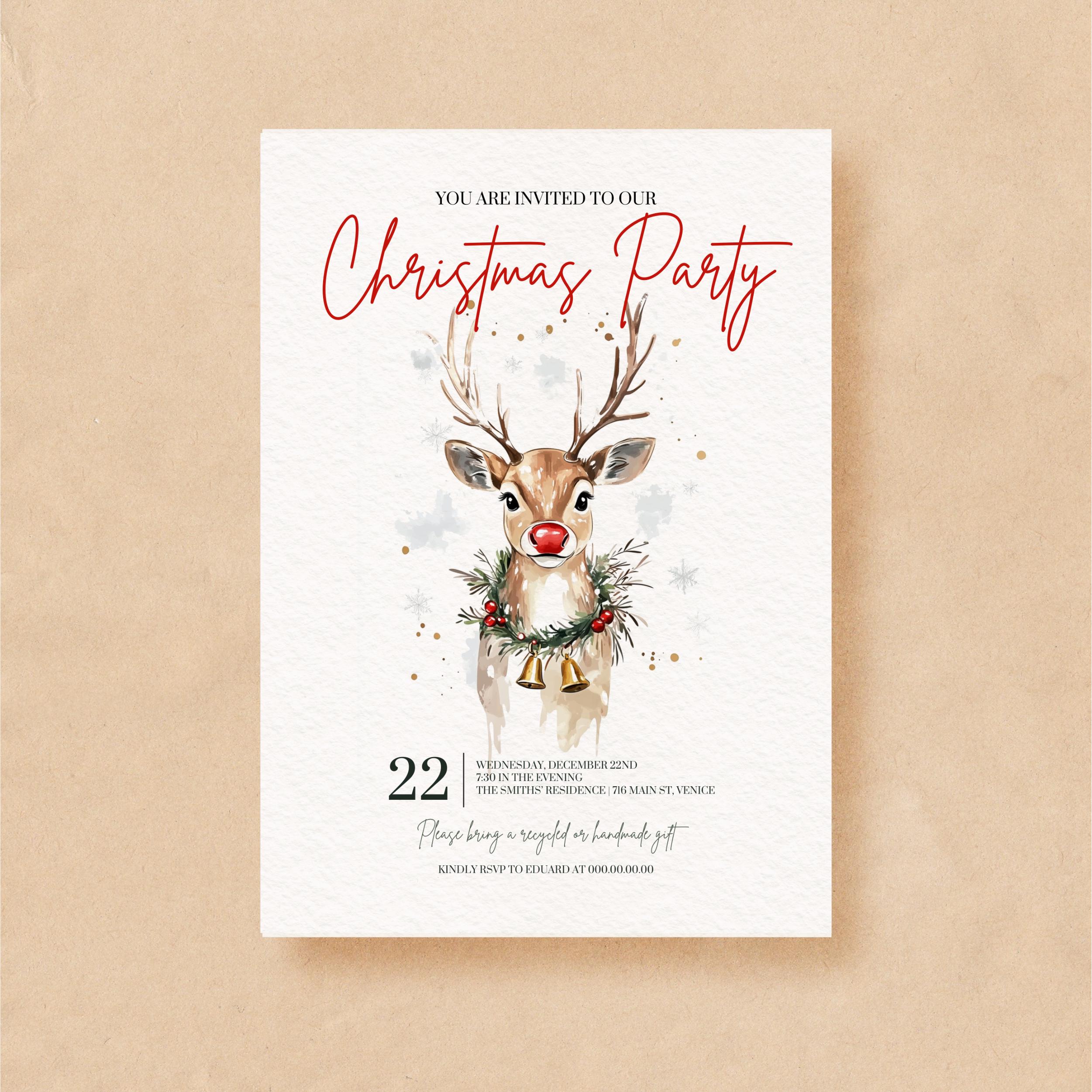 Editable Christmas Party Invitation Card - Watercolor Reindeer Design ...