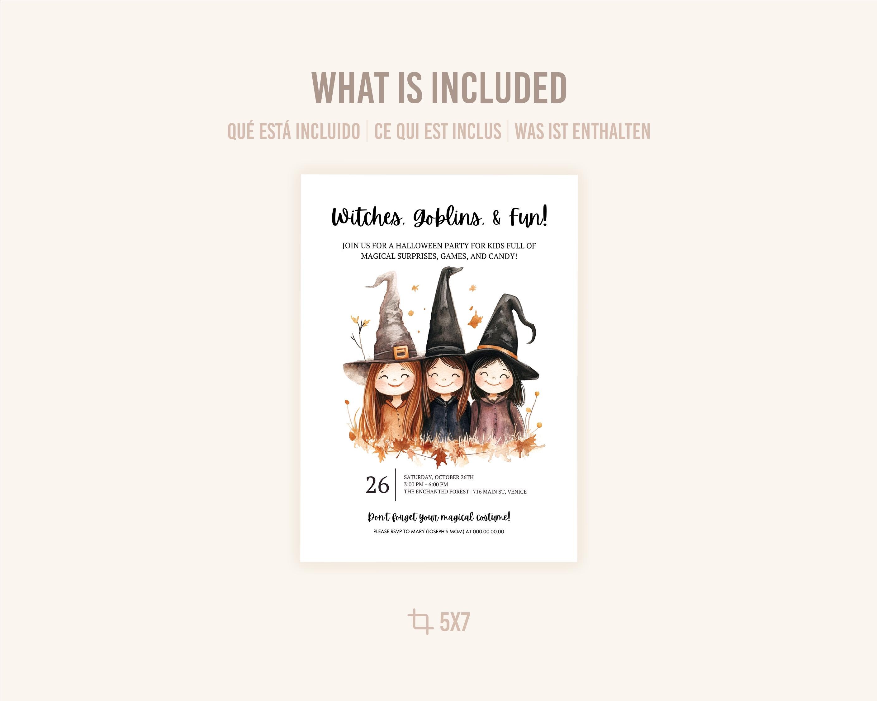 Editable Halloween Party Invitation Card Watercolor Witches Design ...