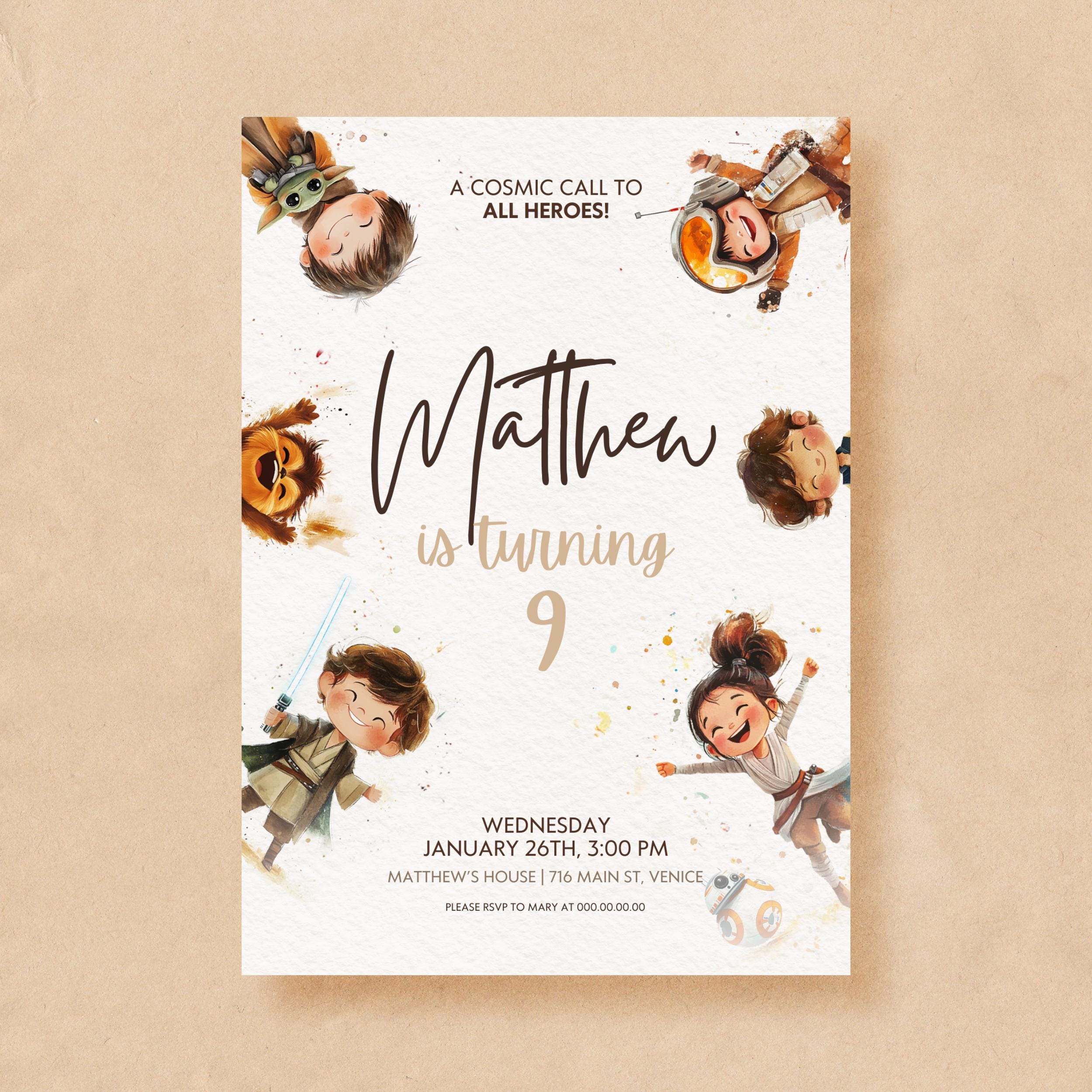 Editable Galactic Birthday Kids Invitation Watercolor Space Warriors ...