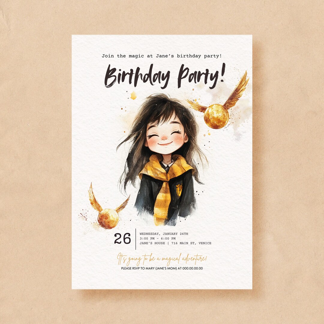 Magical Birthday Party Invitation Cute Hufflepuff Girl With Golden ...