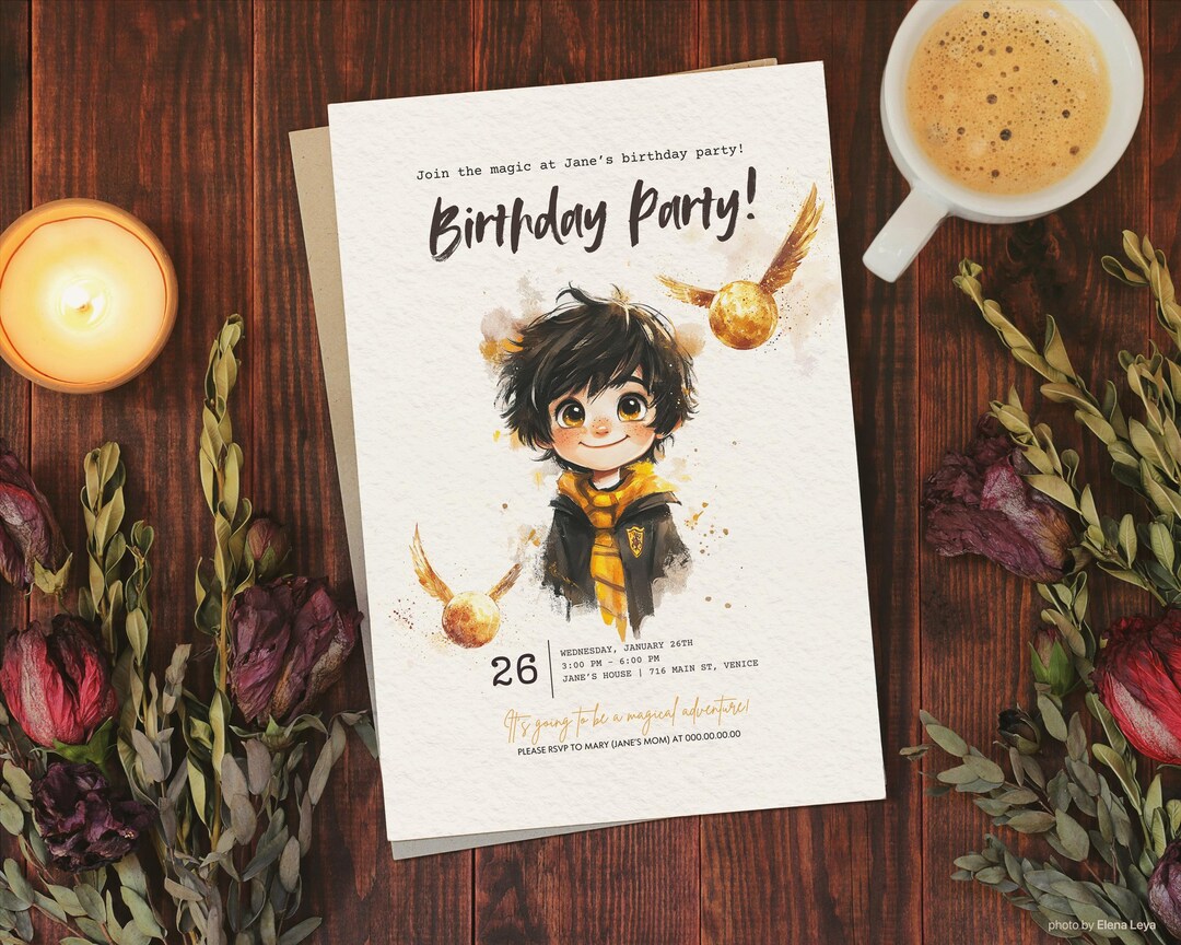 Magical Birthday Party Invitation Cute Hufflepuff Boy With Golden ...