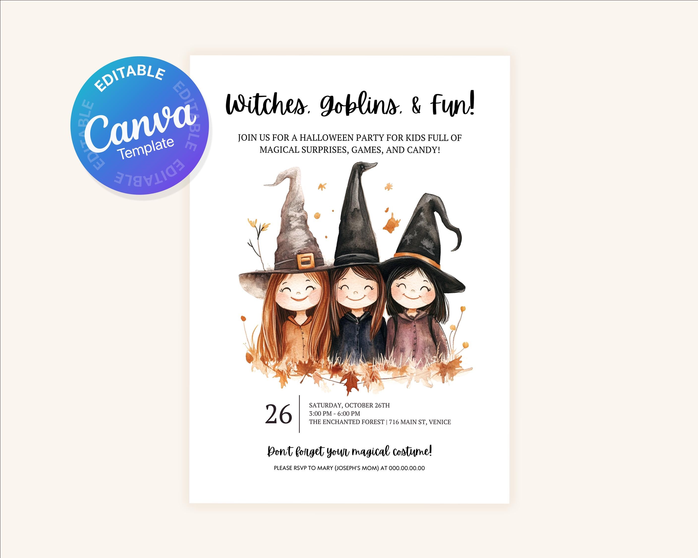 Editable Halloween Party Invitation Card Watercolor Witches Design ...